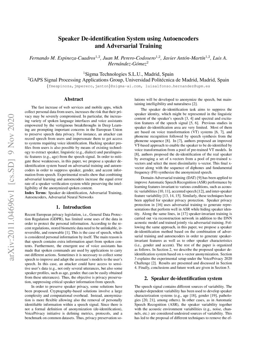 Speaker De-identification System using Autoencodersand Adversarial Training | DeepAI