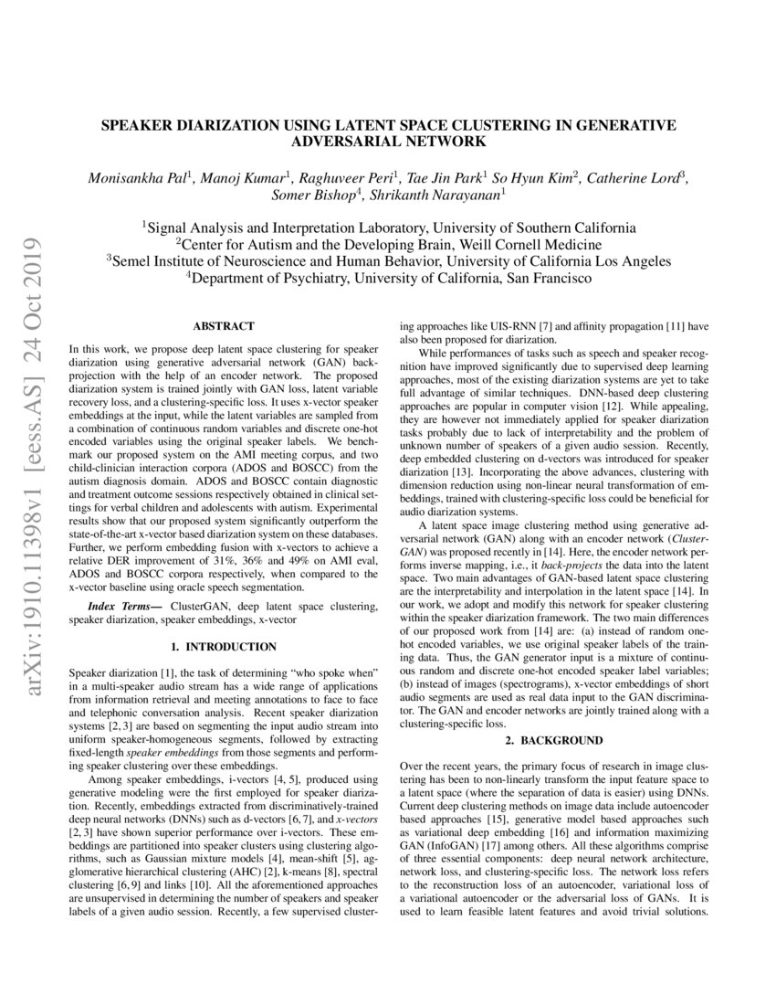 Speaker Diarization Using Latent Space Clustering In Generative