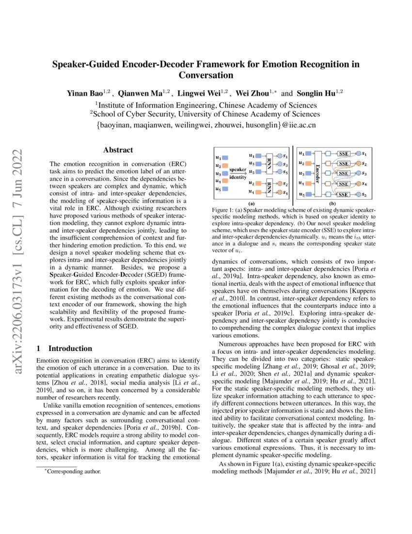 Speaker Guided Encoder Decoder Framework For Emotion Recognition In Conversation Deepai 