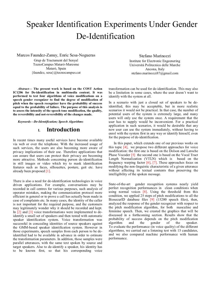 Speaker Identification Experiments Under Gender De Identification Deepai