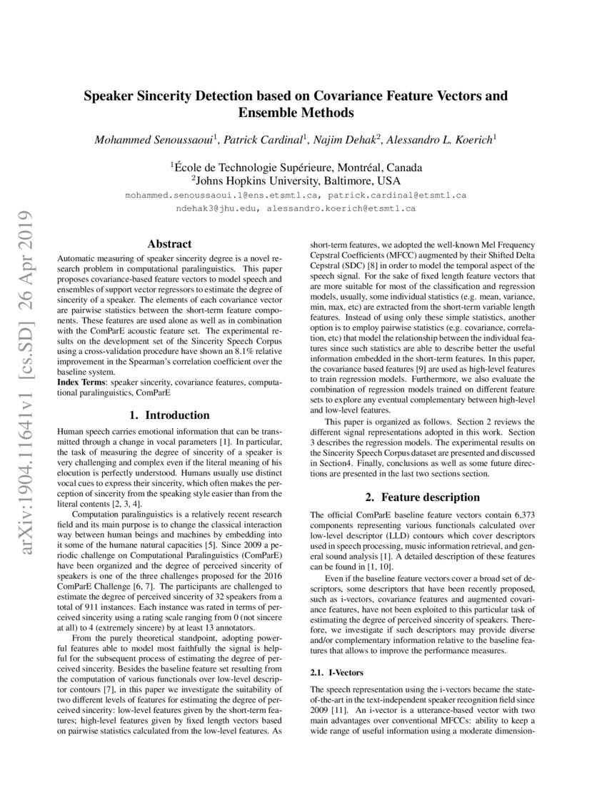 Speaker Sincerity Detection Based On Covariance Feature Vectors And Ensemble Methods Deepai