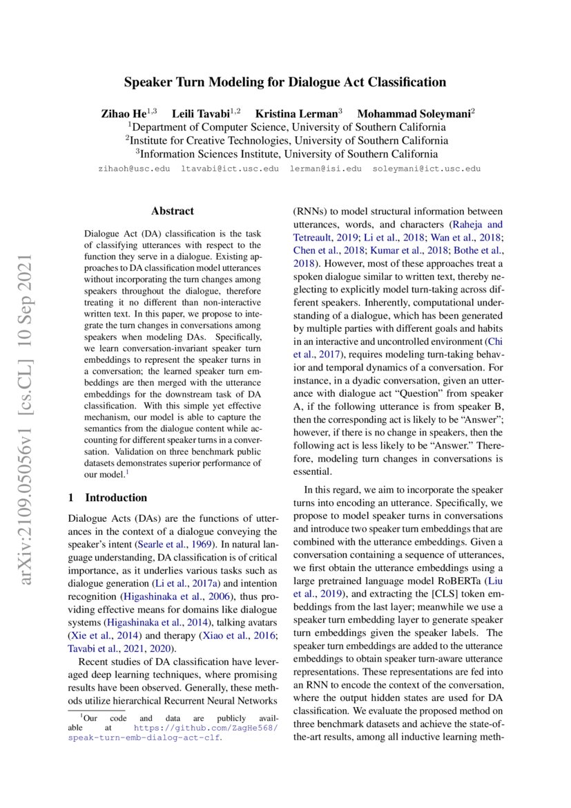 Speaker Turn Modeling For Dialogue Act Classification Deepai