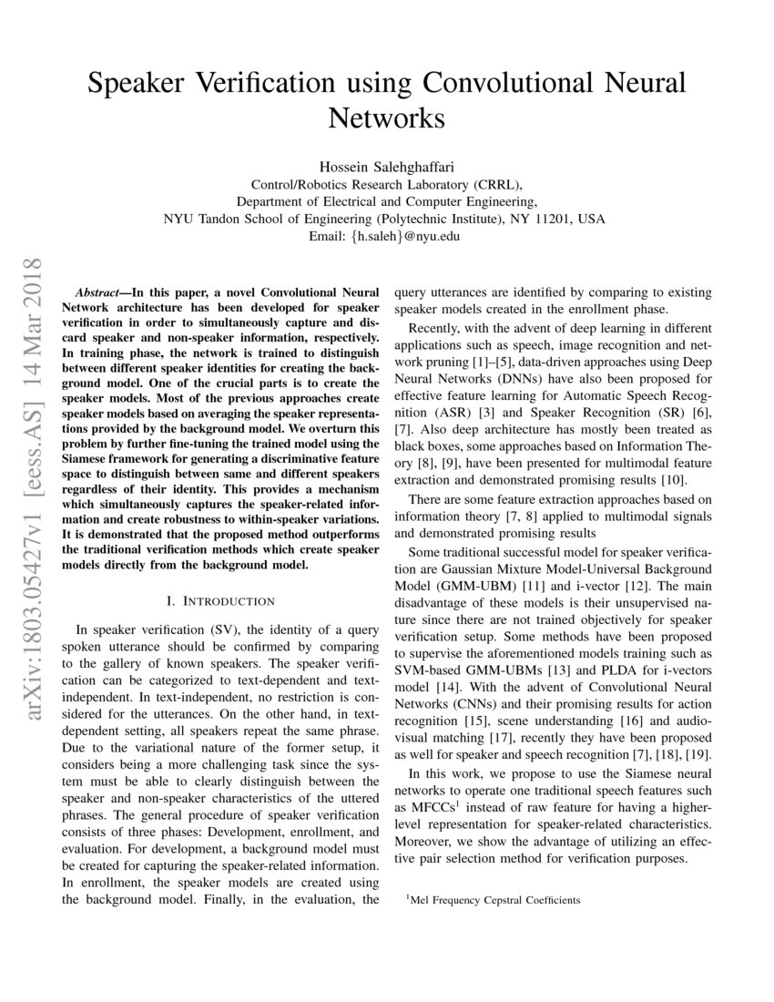 Speaker Verification Using Convolutional Neural Networks Deepai