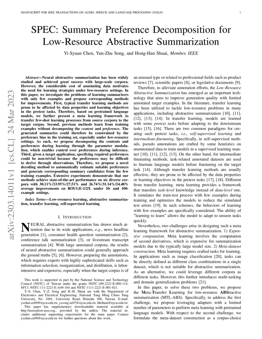 SPEC: Summary Preference Decomposition for Low-Resource Abstractive Summarization | DeepAI