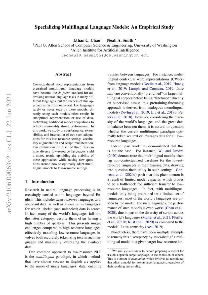 Specializing Multilingual Language Models: An Empirical Study | DeepAI