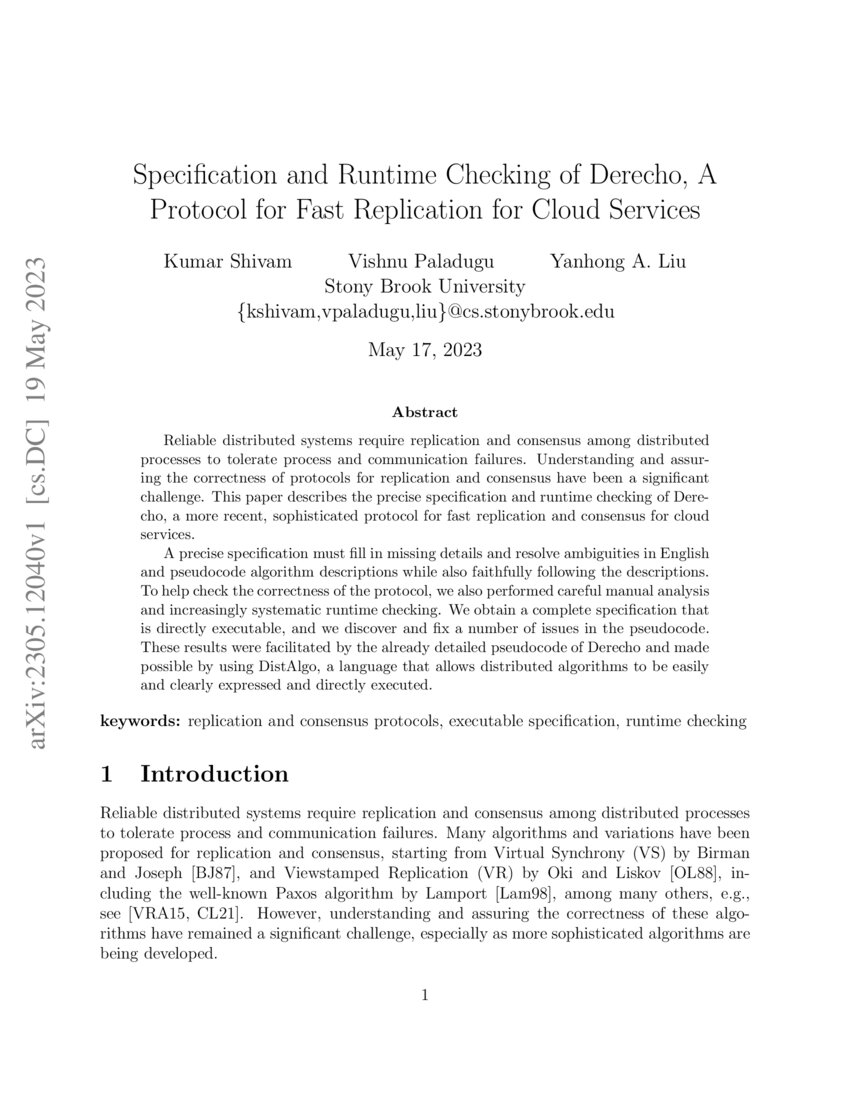 Specification and Runtime Checking of Derecho, A Protocol for Fast Replication for Cloud ...