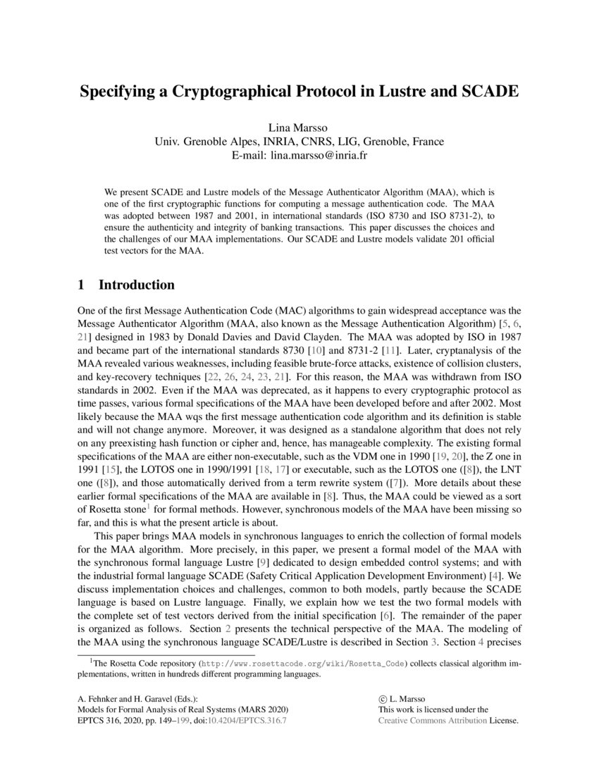 Specifying a Cryptographical Protocol in Lustre and SCADE | DeepAI