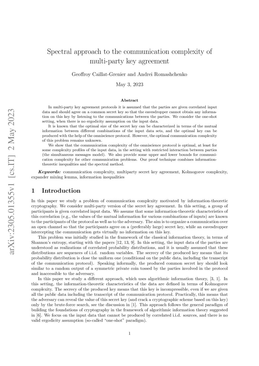 Spectral approach to the communication complexity of multi-party key agreement | DeepAI