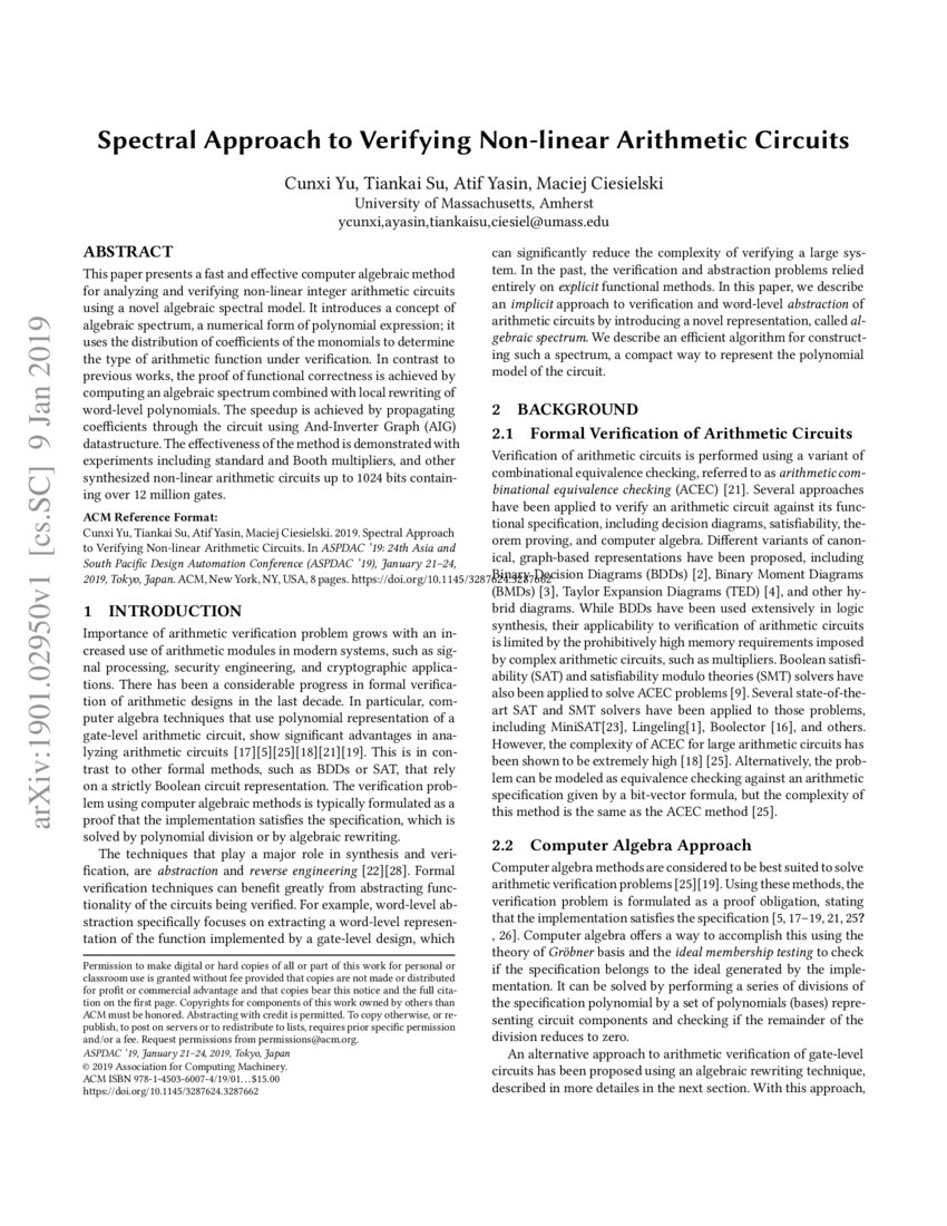 Spectral Approach to Verifying Non-linear Arithmetic Circuits | DeepAI