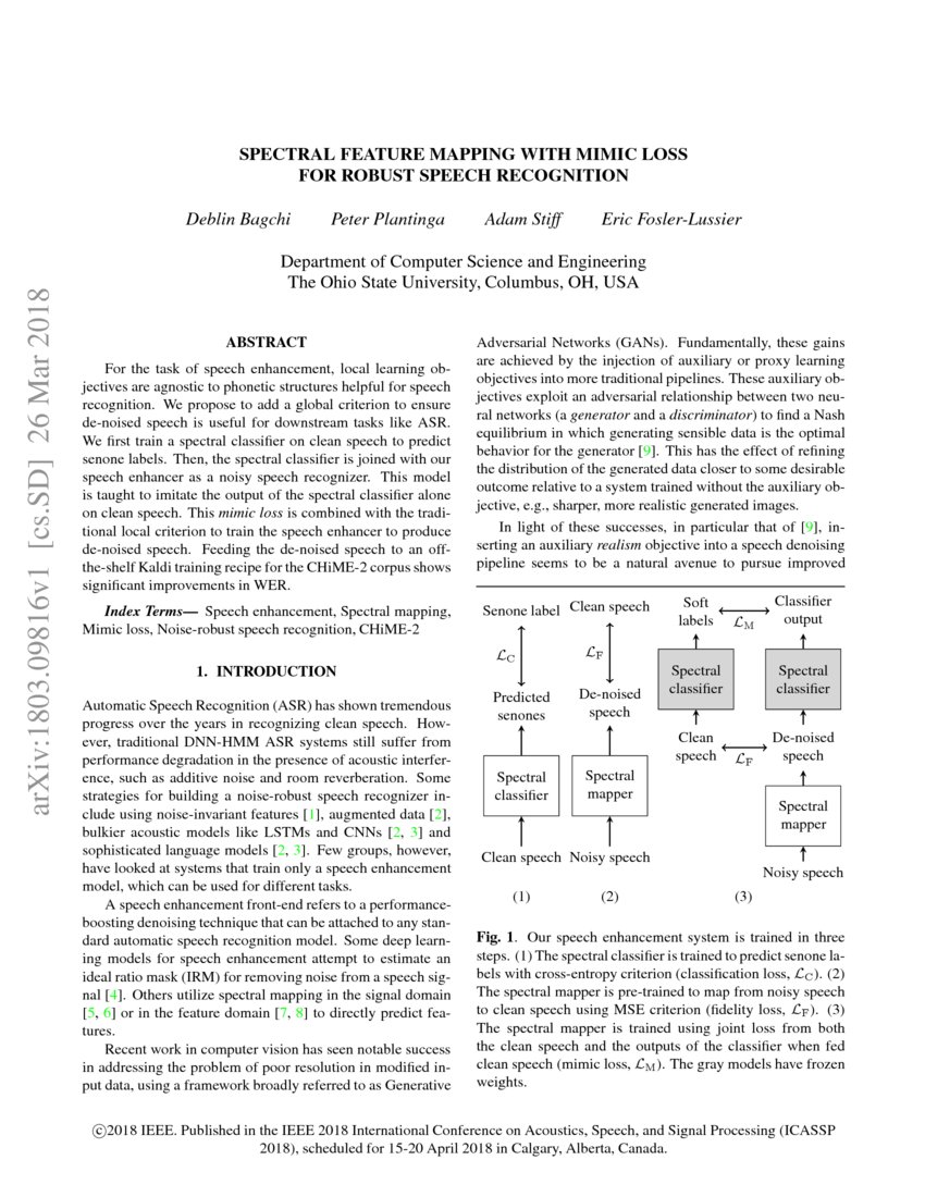Spectral feature mapping with mimic loss for robust speech recognition ...