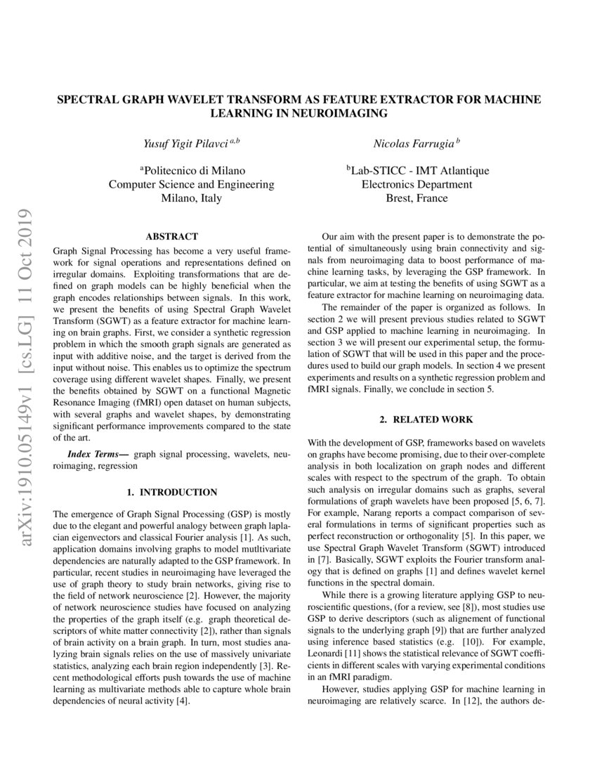 Spectral Graph Wavelet Transform As Feature Extractor For Machine Learning In Neuroimaging Deepai 