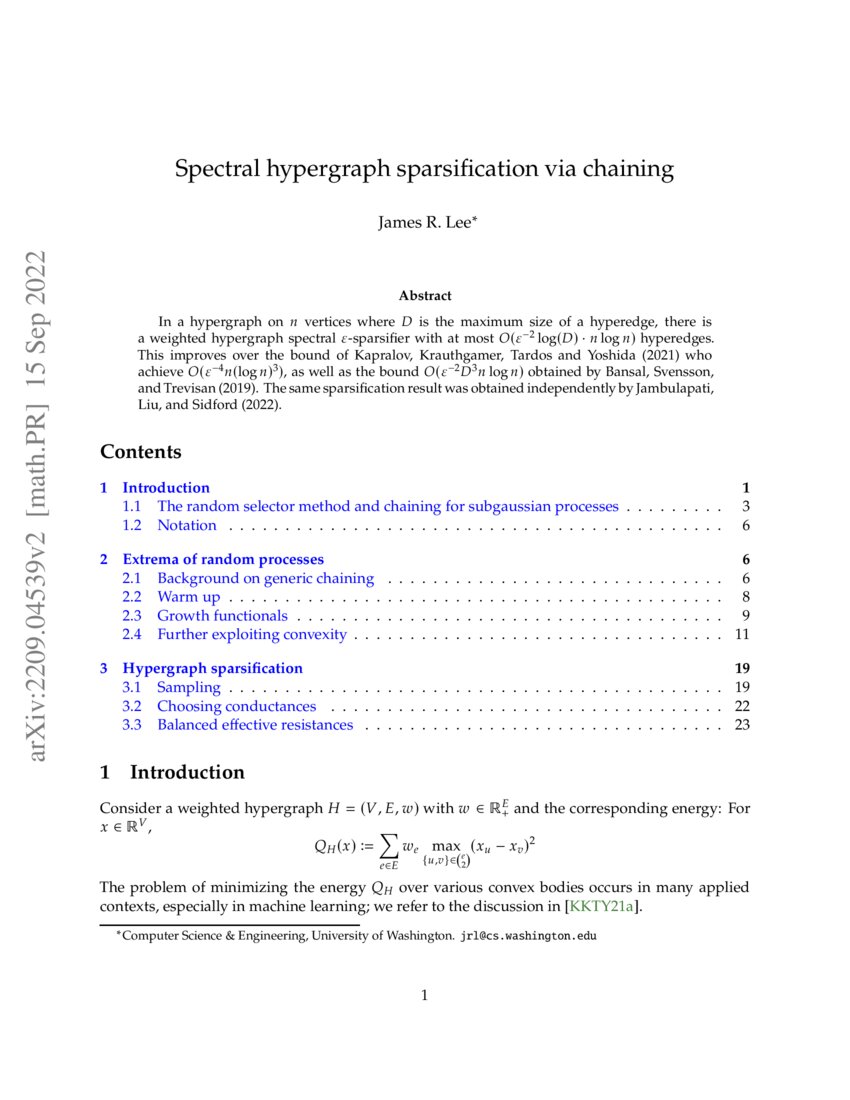 Spectral Hypergraph Sparsification Via Chaining Deepai