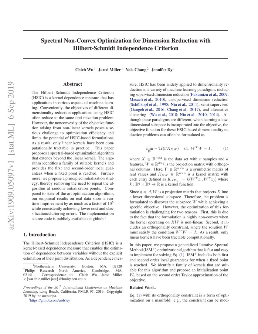 Spectral Non-Convex Optimization for Dimension Reduction with Hilbert ...