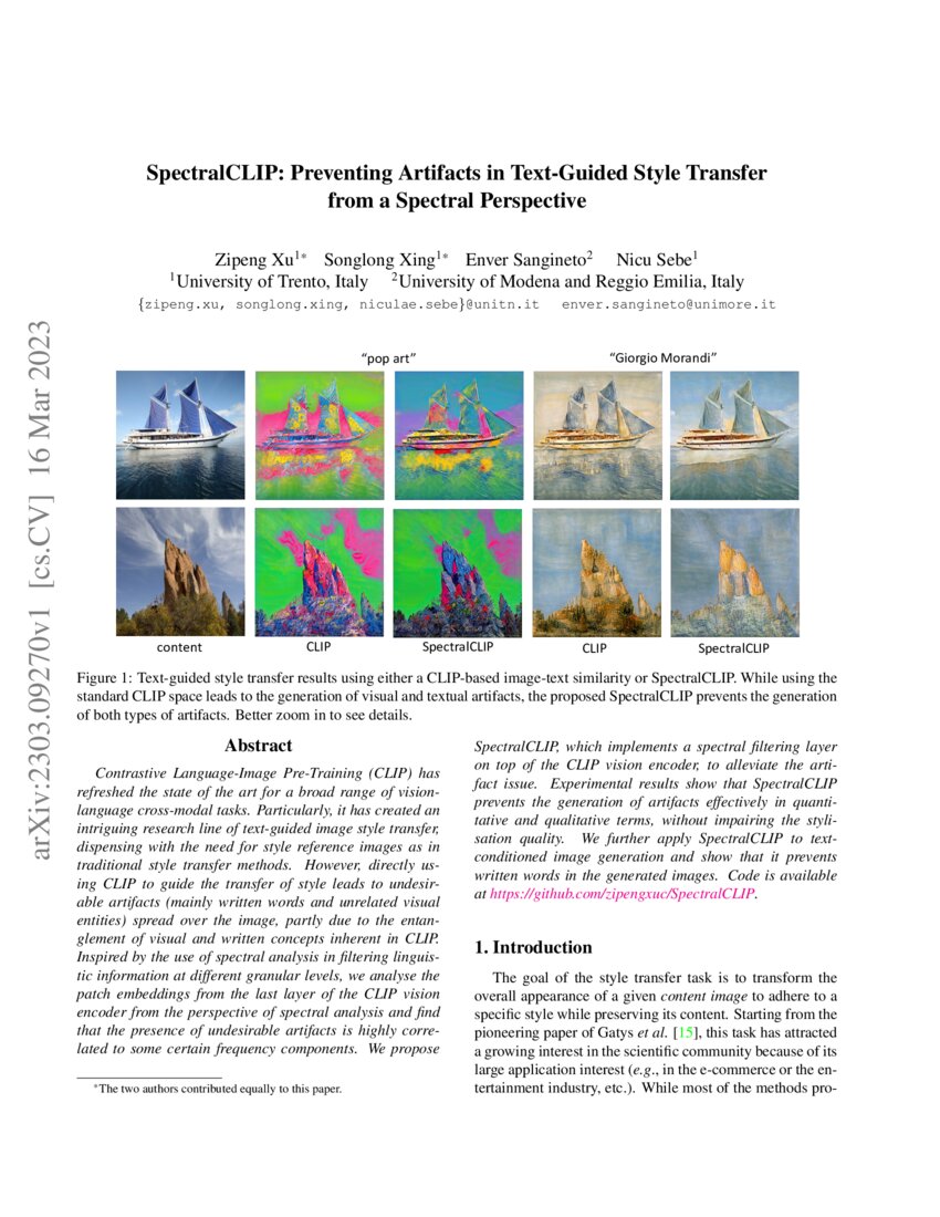 SpectralCLIP: Preventing Artifacts in Text-Guided Style Transfer from a Spectral Perspective ...