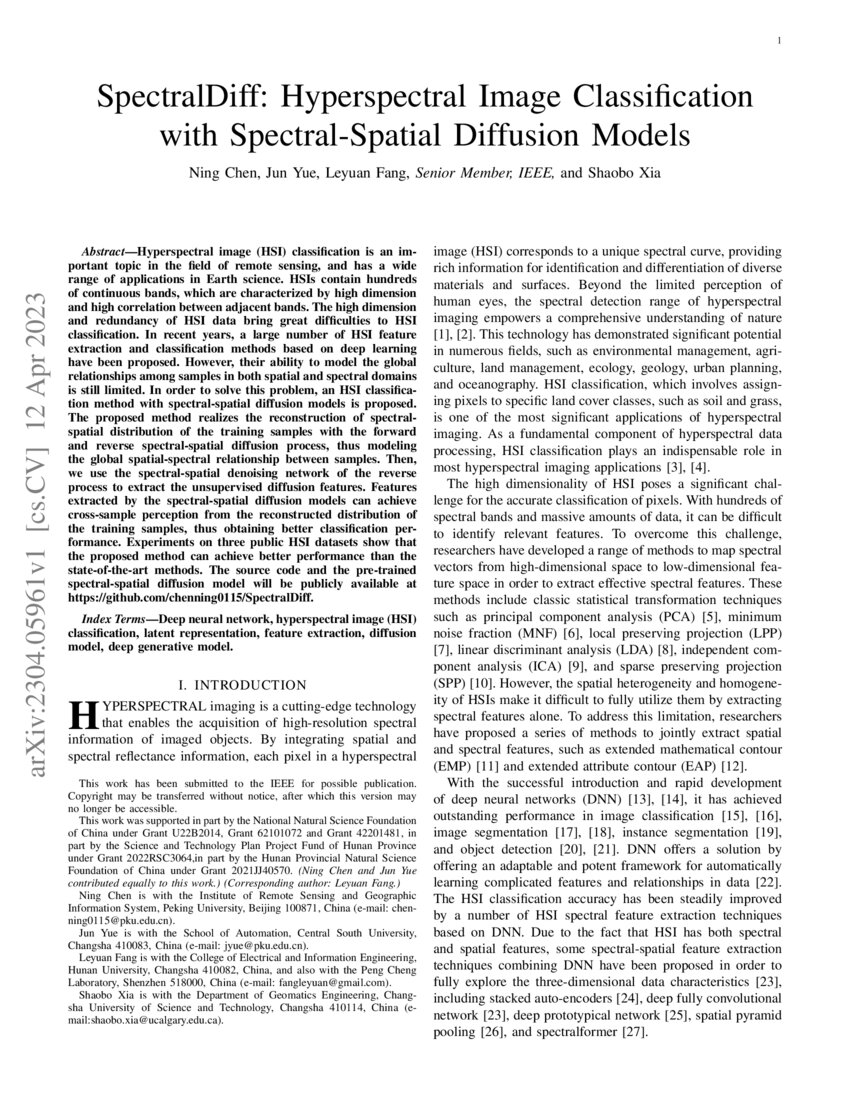 Spectraldiff Hyperspectral Image Classification With Spectral Spatial Diffusion Models Deepai 