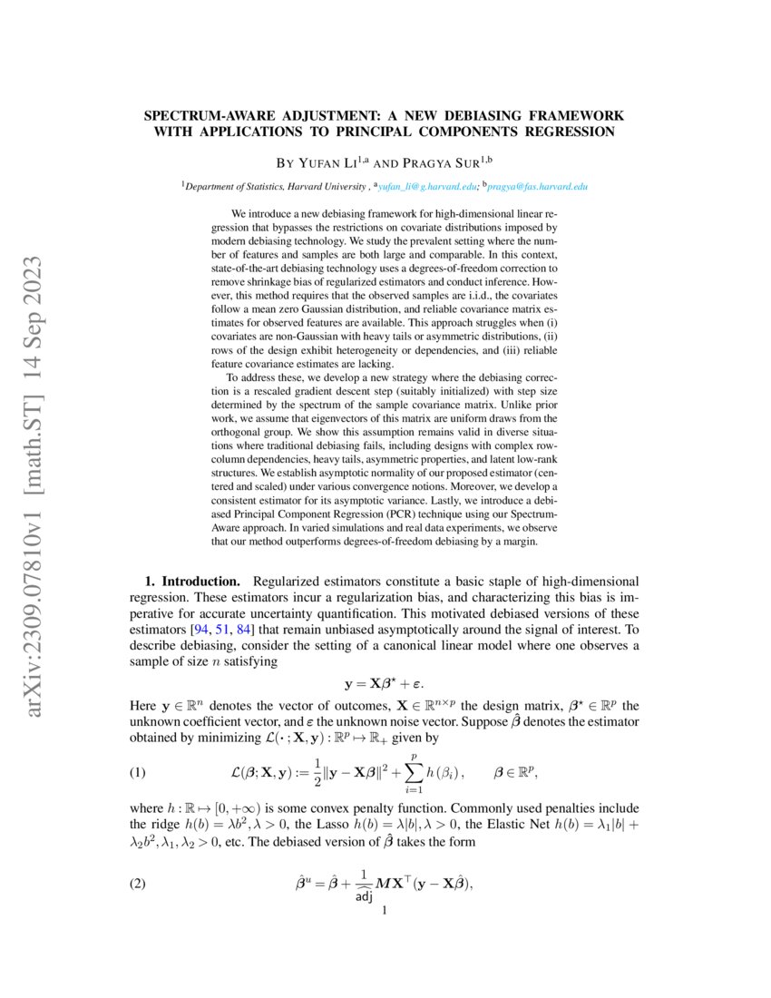 Spectrum Aware Adjustment A New Debiasing Framework With Applications To Principal Components