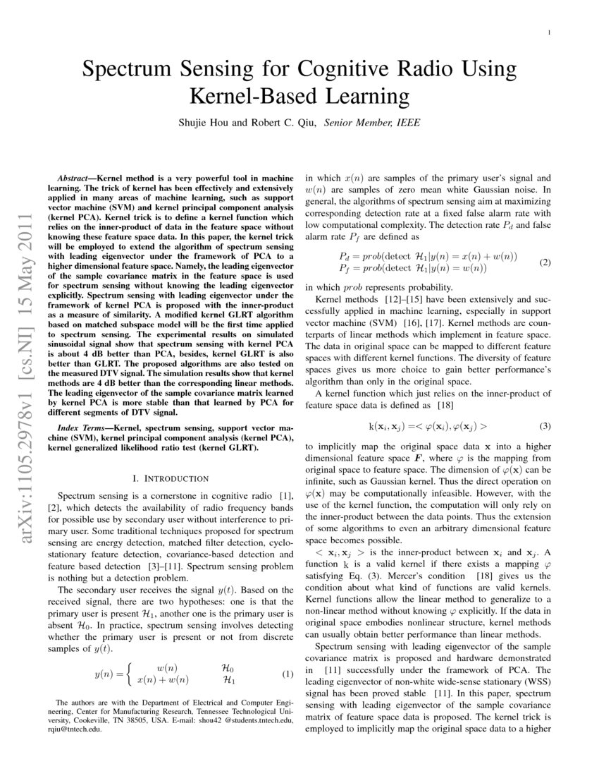 Spectrum Sensing for Cognitive Radio Using Kernel-Based Learning | DeepAI