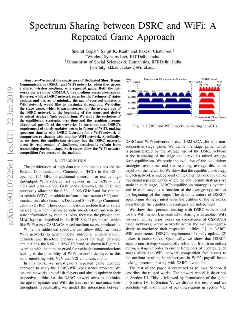 Spectrum Sharing between DSRC and WiFi: A Repeated Game Approach | DeepAI