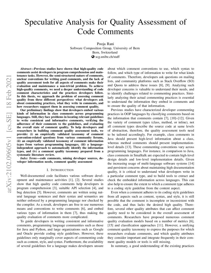 Speculative Analysis For Quality Assessment Of Code Comments Deepai