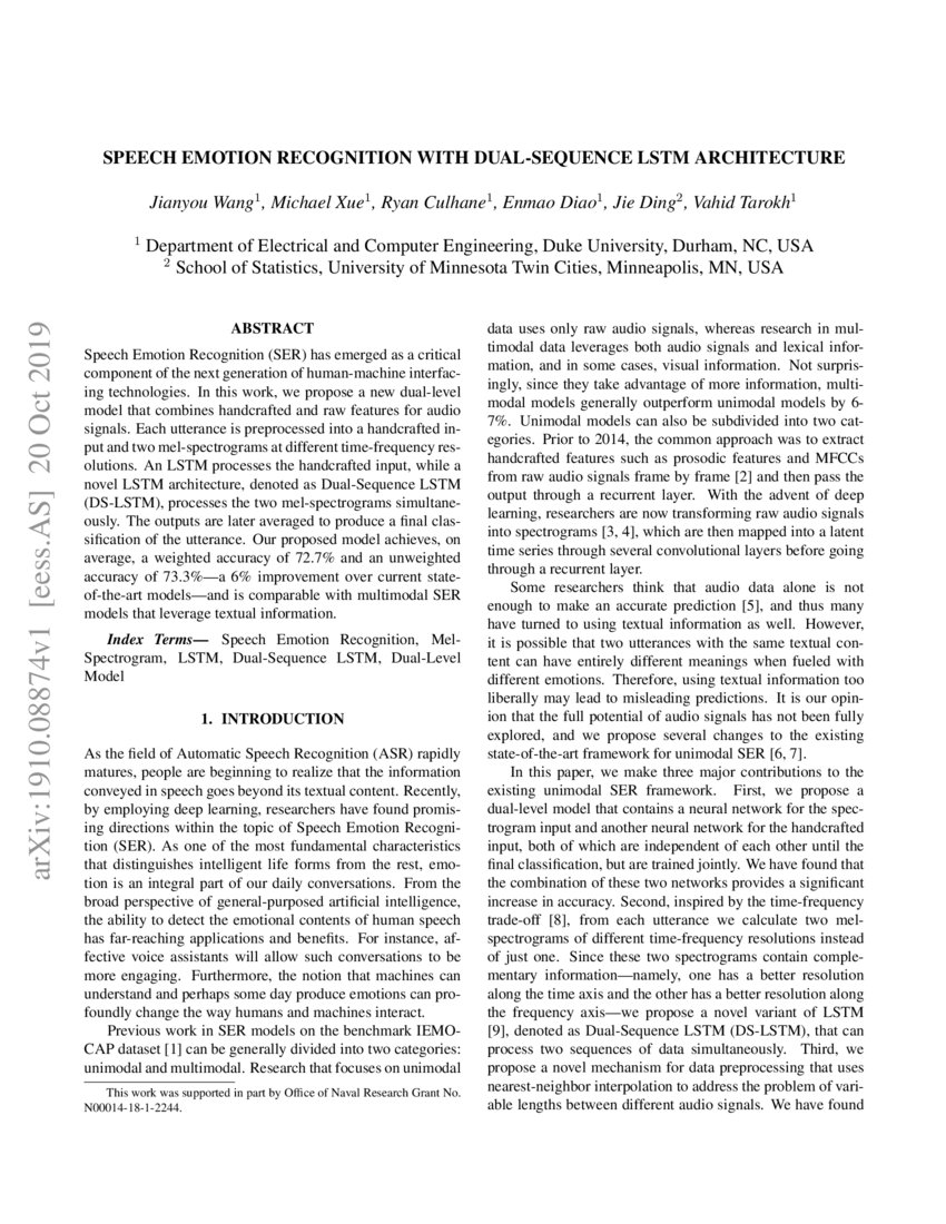 Speech Emotion Recognition With Dual Sequence Lstm Architecture Deepai