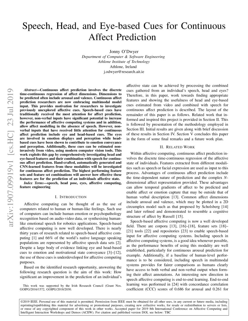 Speech, Head, and Eye-based Cues for Continuous Affect Prediction | DeepAI