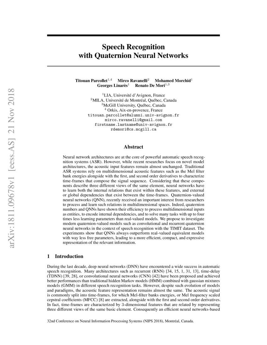 Speech recognition with quaternion neural networks | DeepAI