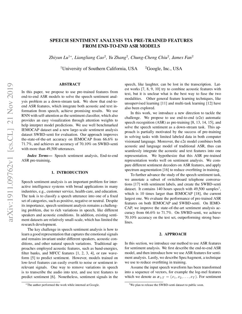 Speech Sentiment Analysis via Pre-trained Features from End-to-end ASR ...