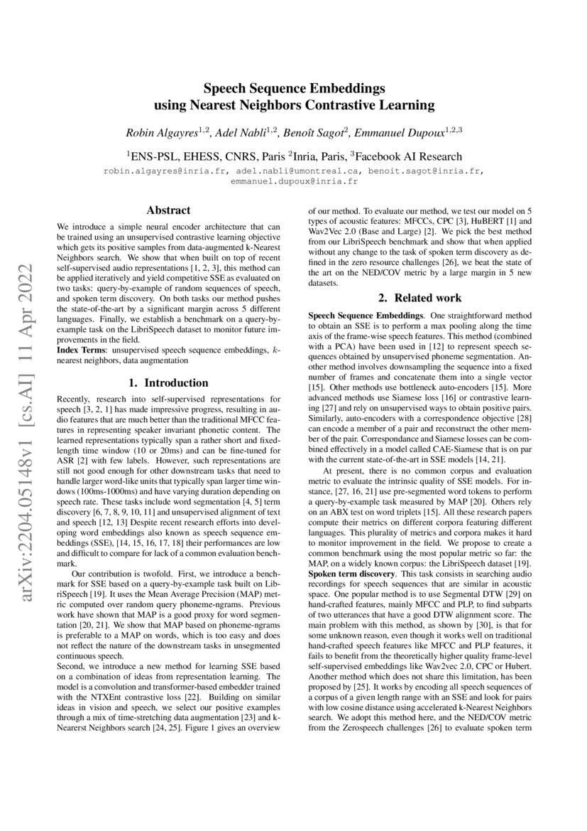 Speech Sequence Embeddings Using Nearest Neighbors Contrastive Learning
