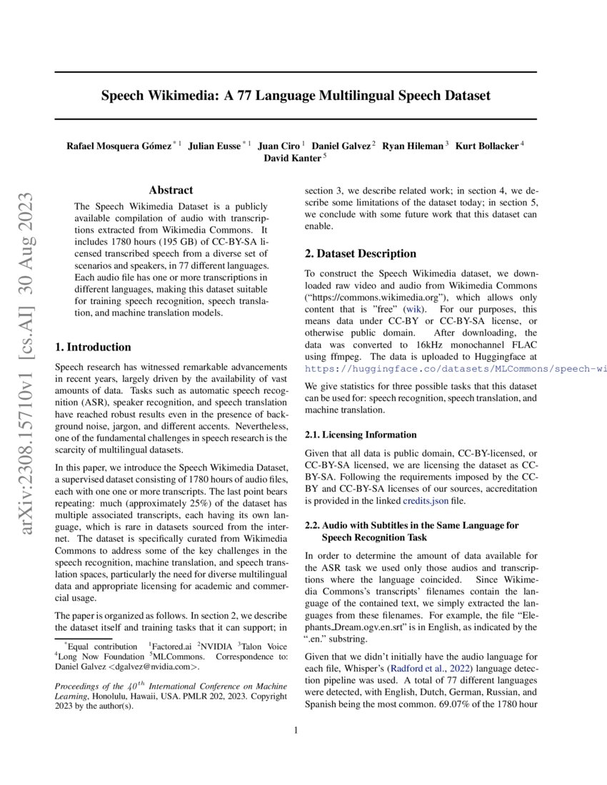 Speech Wikimedia: A 77 Language Multilingual Speech Dataset | DeepAI
