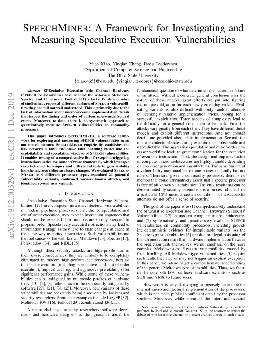 SPEECHMINER: A Framework for Investigating and Measuring Speculative Execution Vulnerabilities ...