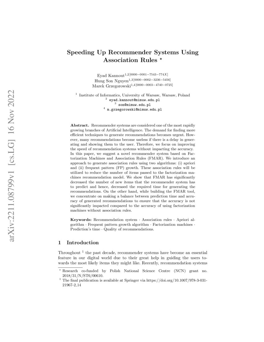 Speeding Up Recommender Systems Using Association Rules Deepai