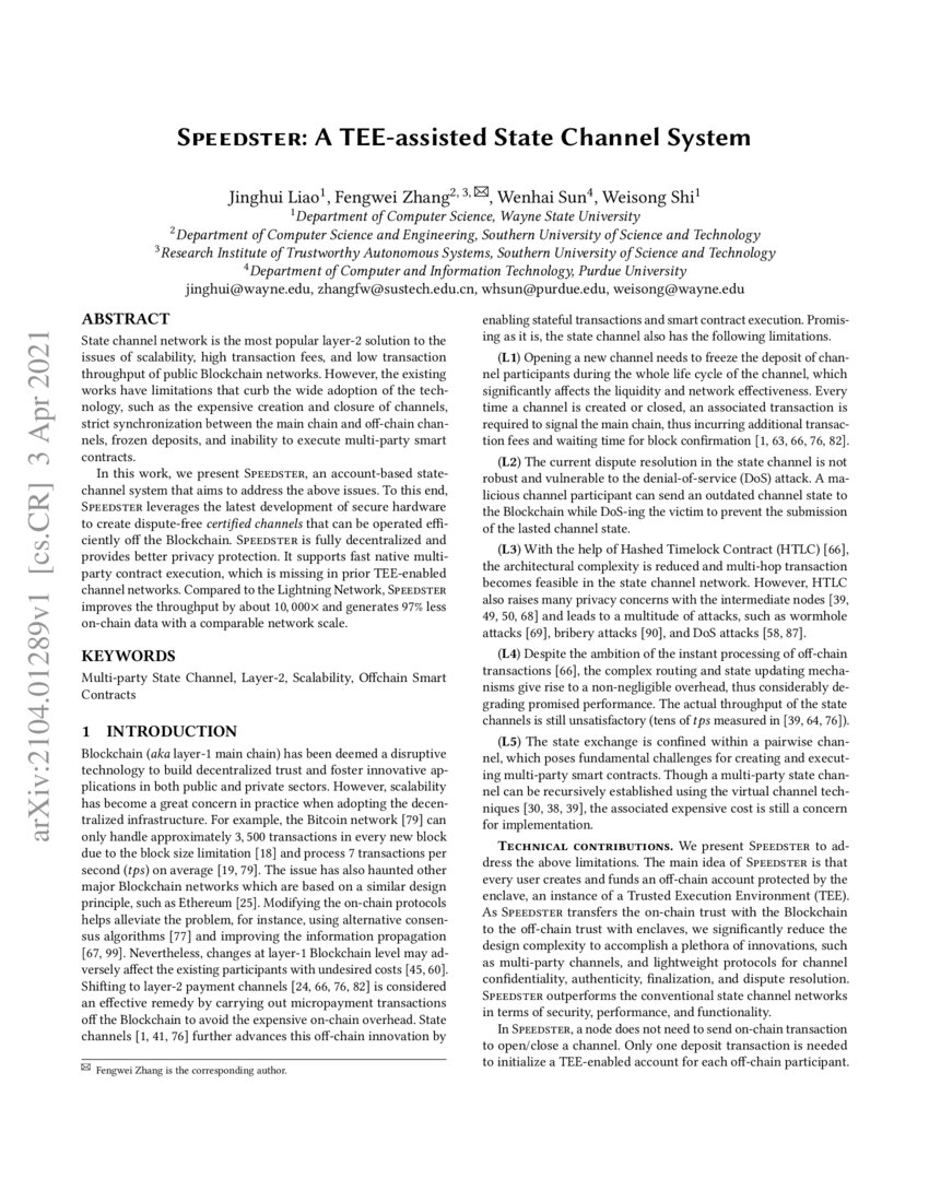 Speedster: A TEE-assisted State Channel System | DeepAI