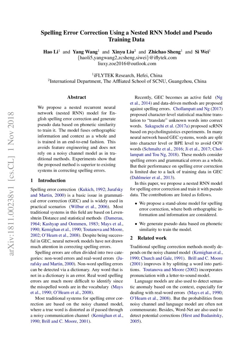 Spelling Error Correction Using A Nested Rnn Model And Pseudo Training Data Deepai