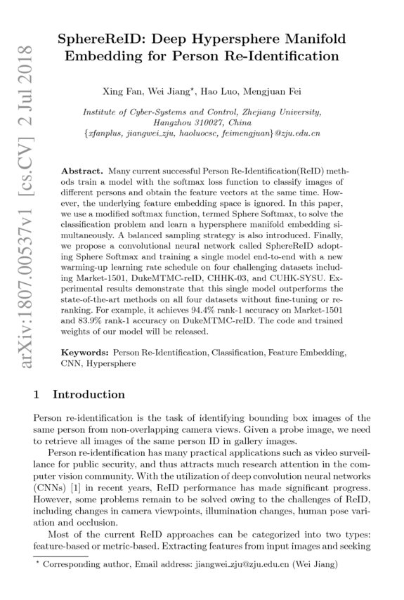 SphereReID: Deep Hypersphere Manifold Embedding for Person Re-Identification | DeepAI