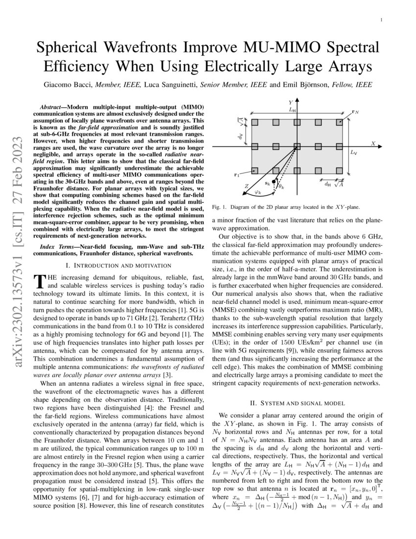 Spherical Wavefronts Improve Mu Mimo Spectral Efficiency When Using Electrically Large Arrays