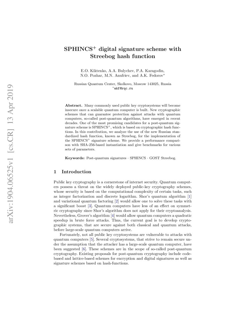 SPHINCS^+ digital signature scheme with GOST hash functions | DeepAI