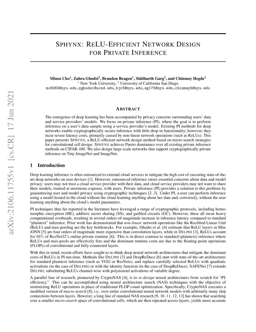 Sphynx: ReLU-Efficient Network Design for Private Inference | DeepAI
