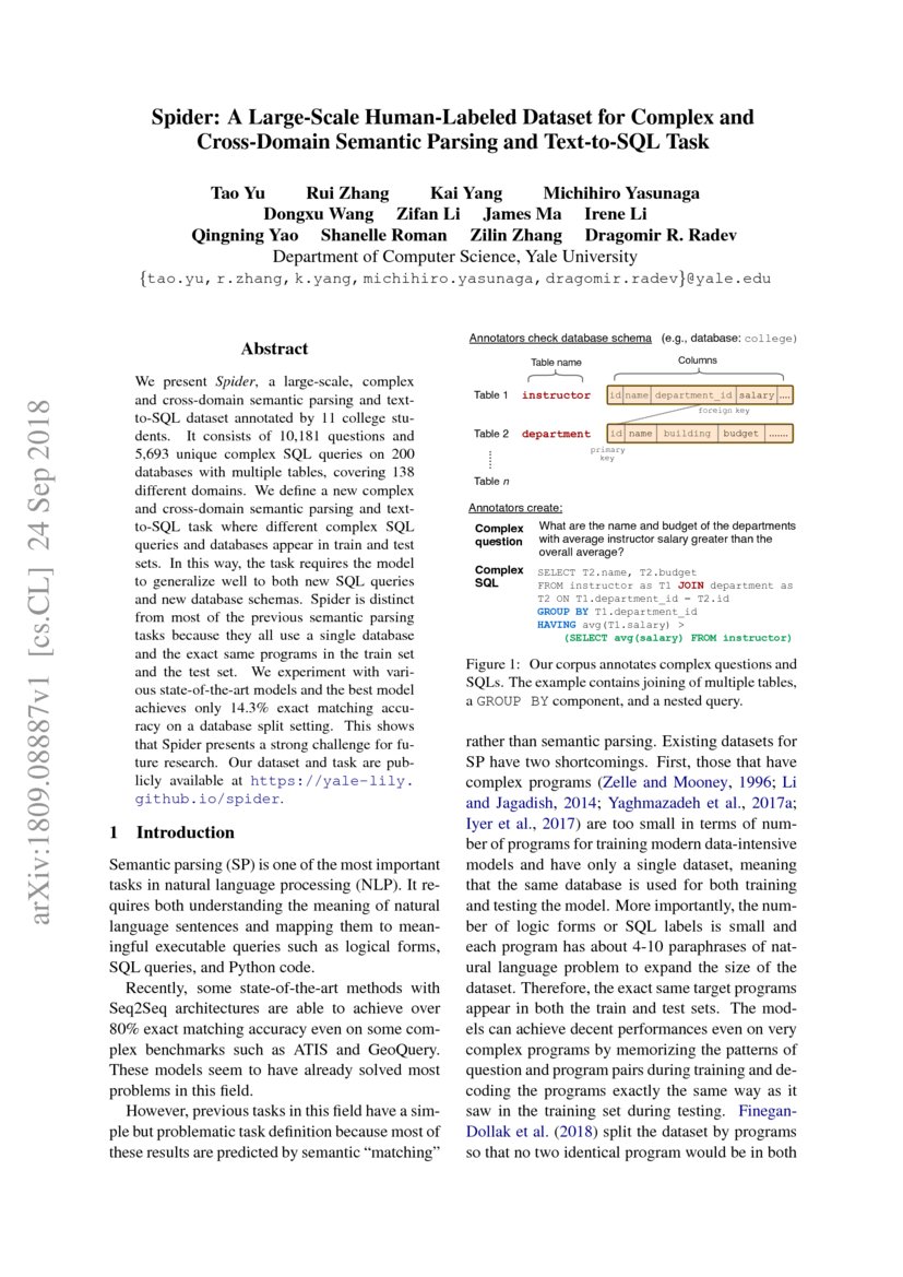 Spider A Large Scale Human Labeled Dataset For Complex And Cross Domain Semantic Parsing And