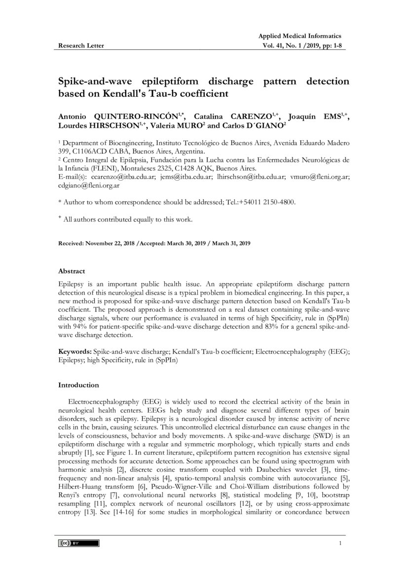 Spike And Wave Epileptiform Discharge Pattern Detection Based On Kendalls Tau B Coefficient