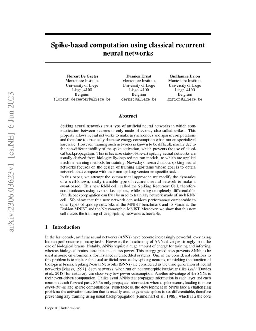 Spike Based Computation Using Classical Recurrent Neural Networks Deepai