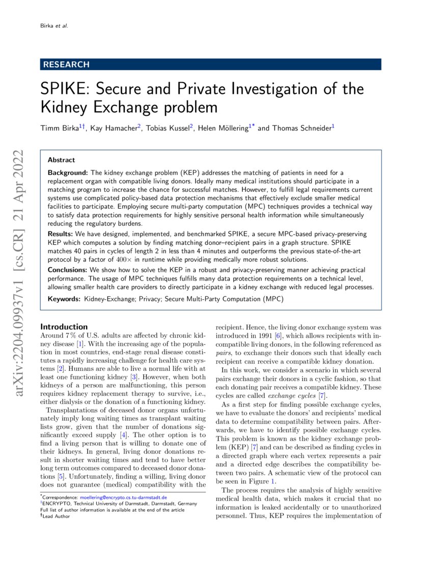 SPIKE: Secure and Private Investigation of the Kidney Exchange problem ...