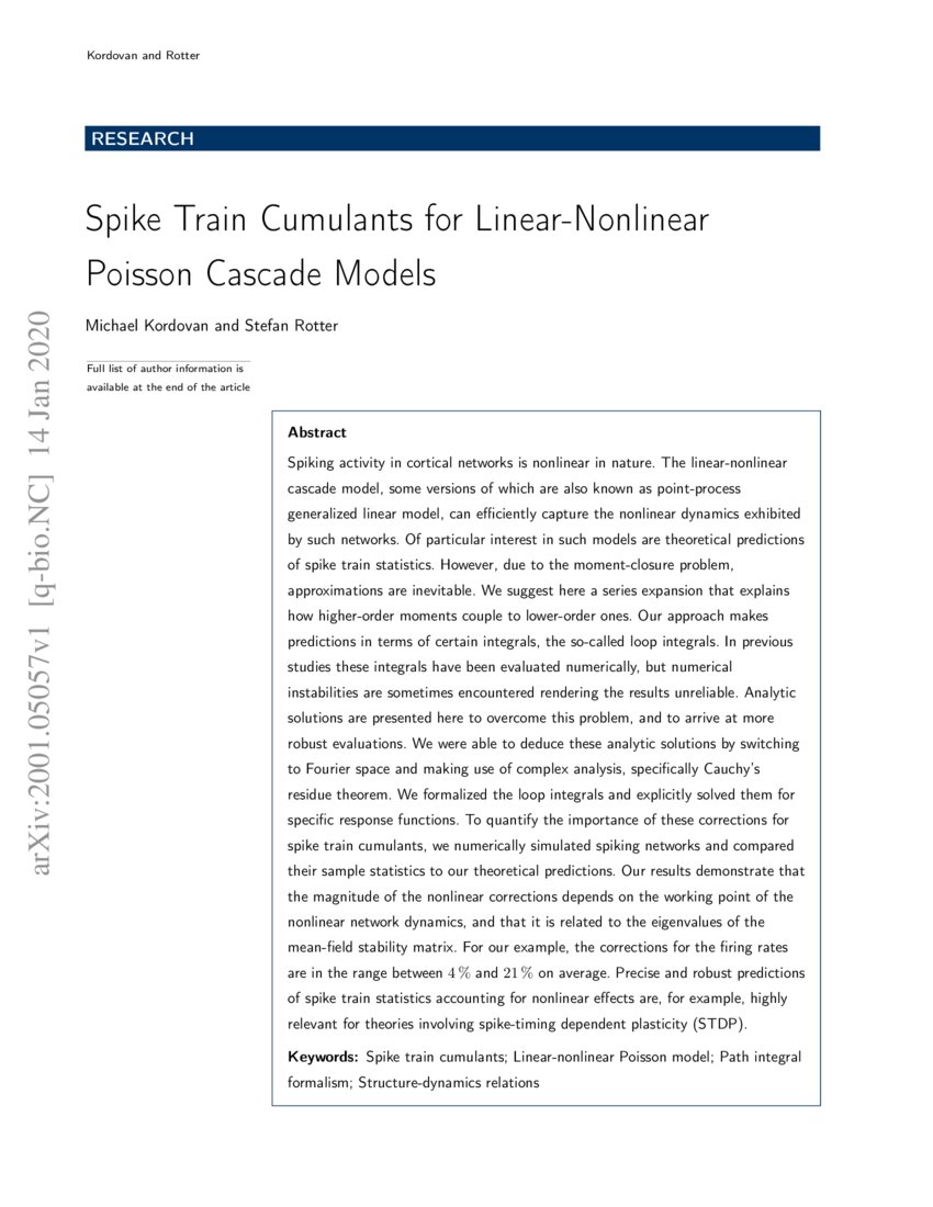 Spike Train Cumulants for Linear-Nonlinear Poisson Cascade Models | DeepAI