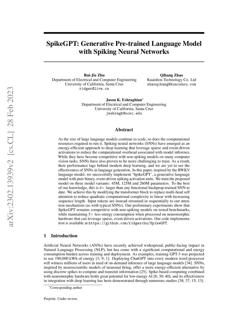 SpikeGPT: Generative Pre-trained Language Model with Spiking Neural Networks | DeepAI