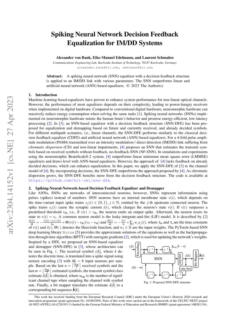 Spiking Neural Network Decision Feedback Equalization For Imdd Systems Deepai 