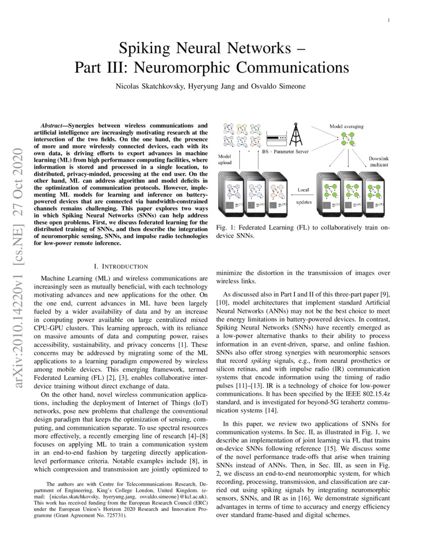 Spiking Neural Networks – Part III: Neuromorphic Communications | DeepAI