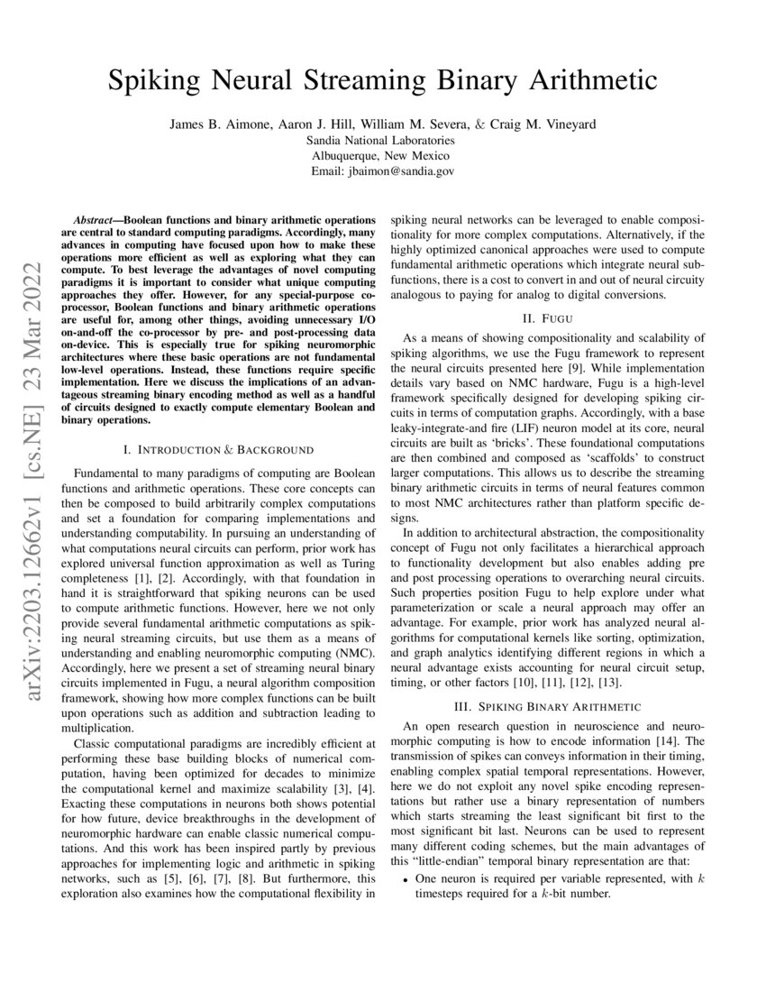 Spiking Neural Streaming Binary Arithmetic | DeepAI