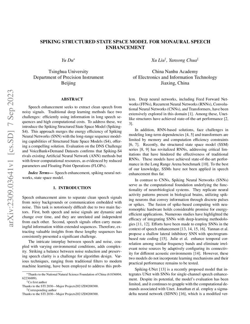 Spiking Structured State Space Model For Monaural Speech Enhancement Deepai