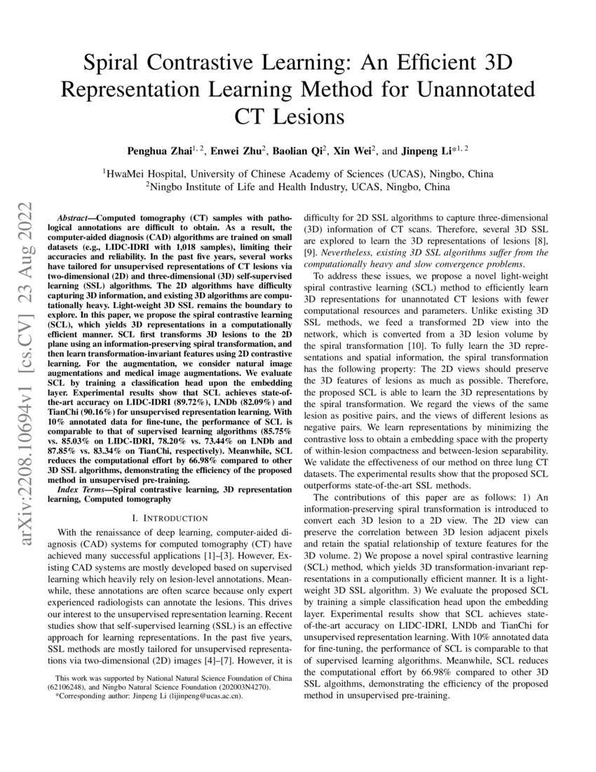 Spiral Contrastive Learning: An Efficient 3D Representation Learning Method for Unannotated CT ...