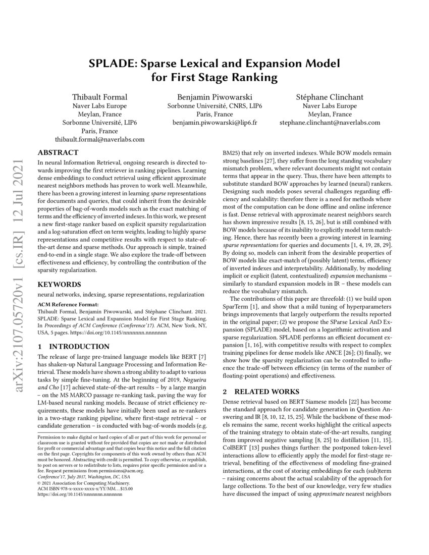 SPLADE: Sparse Lexical and Expansion Model for First Stage Ranking | DeepAI