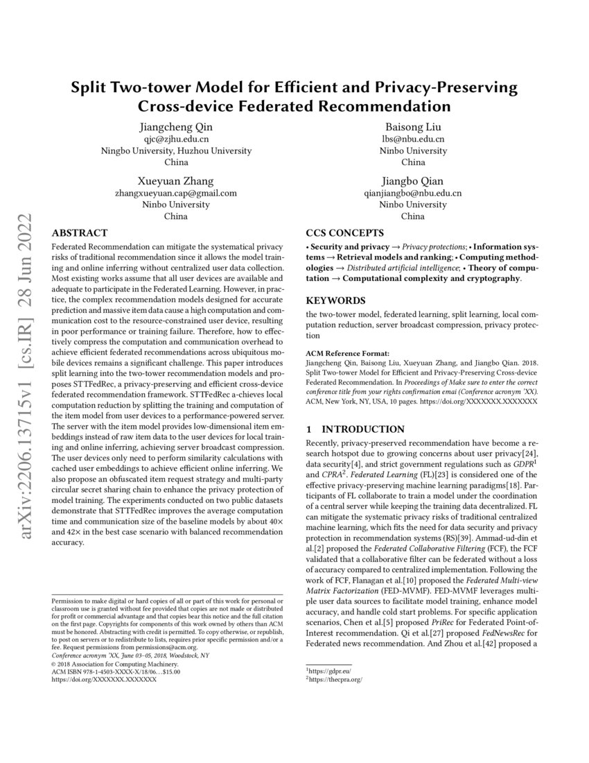 Split Two-Tower Model for Efficient and Privacy-Preserving Cross-device ...